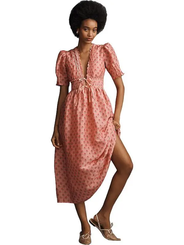 LOVAAN Boehm Short-sleeve V-neck Linen-silk Midi Dress - Tiny Rose Print