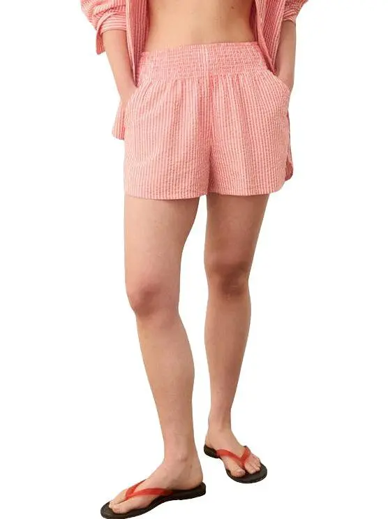 Marine Layer Cali Smocked Stripe Seersucker Shorts - Hibiscus/ Sand Stripe