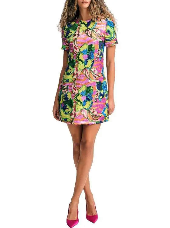 ISAAC MIZRAHI NEW YORK Floral Sequin Shift Mini Dress - Multi