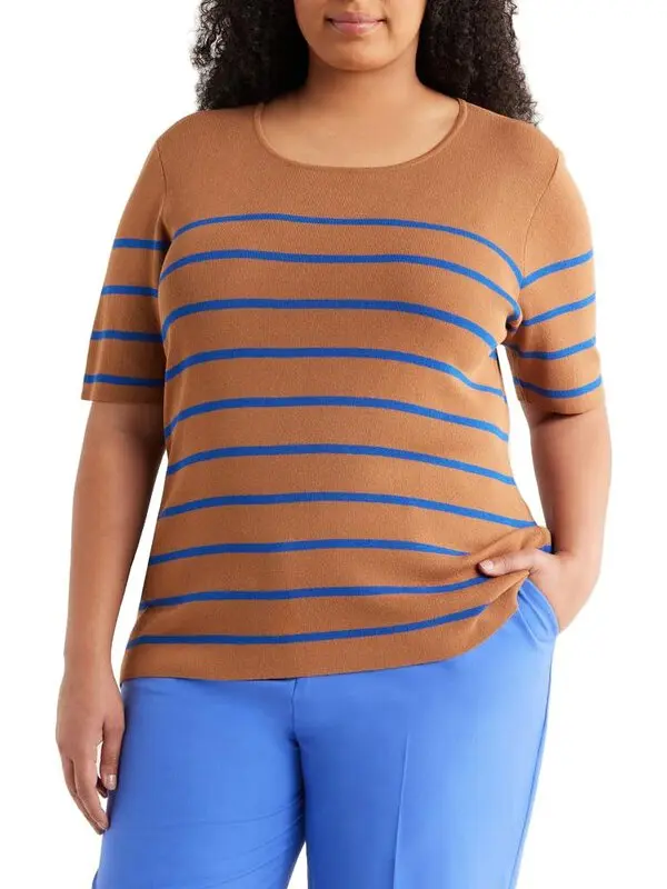 TAHARI ASL Striped Fine-gauge Knit Sweater - Camel New Royal