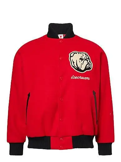 ICECREAM Bulldog Applique Brushed-fleece Varsity Jacket - Red