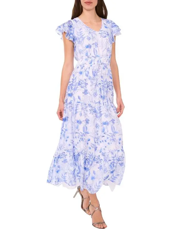 Halogen Flutter Sleeve Maxi Dress - Bright White/ Blue