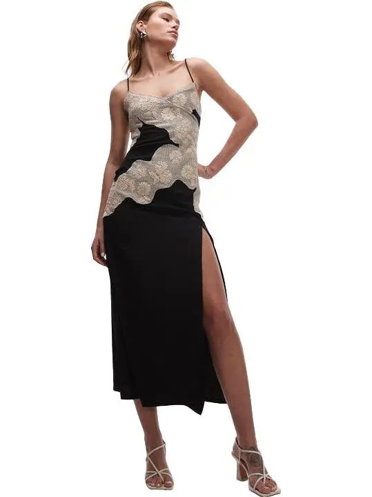 Topshop Embroidered Floral Cotton Midi Dress - Black