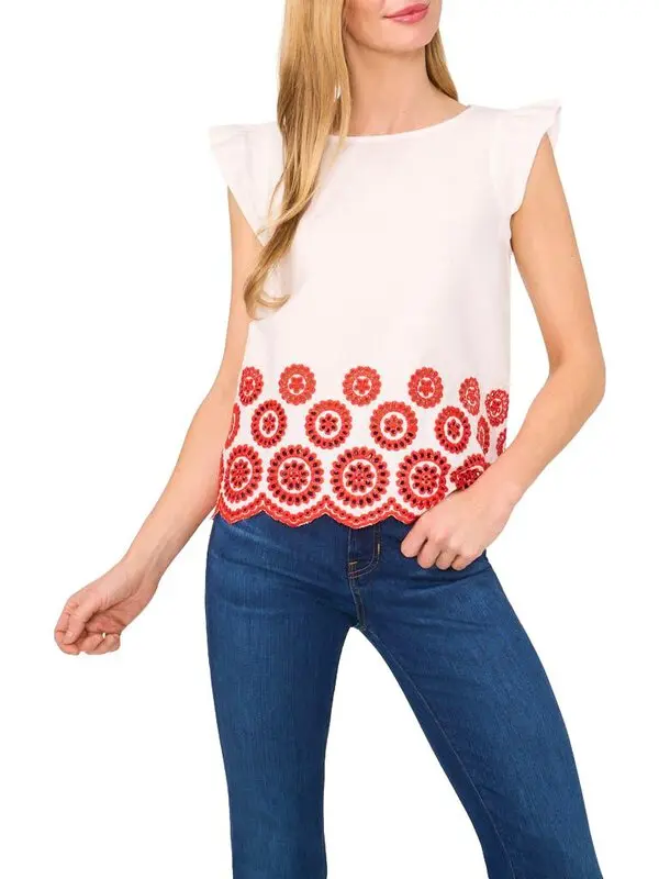 CECE DUPRAZ Embroidered Eyelet Ruffle Shoulder Cotton Top - Fiery Red