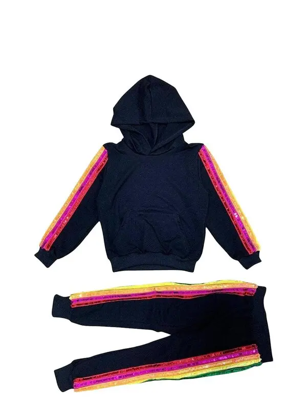 LOLA + THE BOYS Sequin Hoodie Track Set - Black