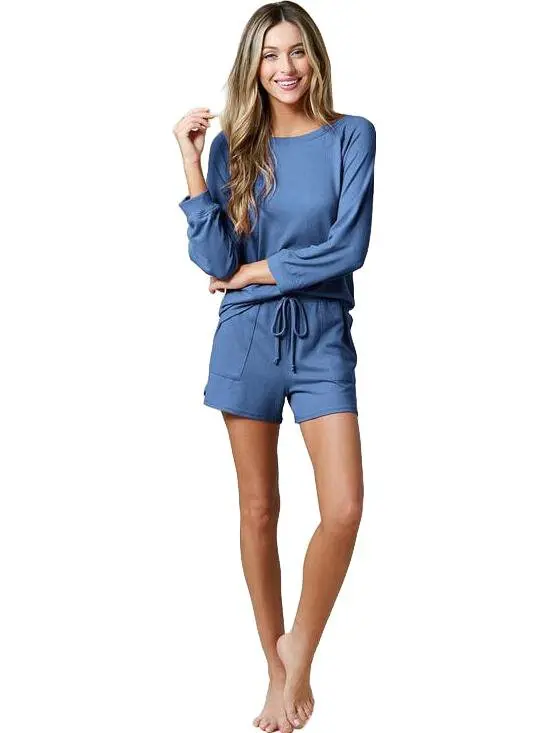 SOFTIES Dream 3/4 Sleeve Boatneck Top With Shorts Set - Indigo