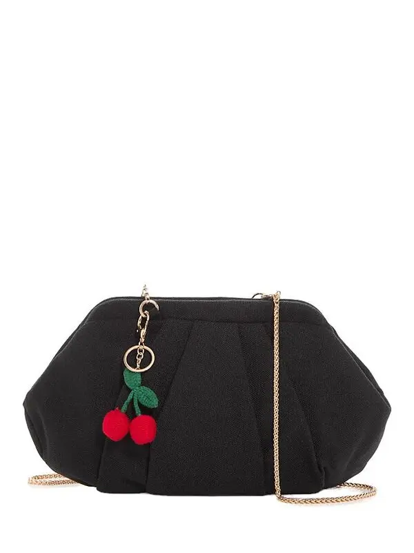 Aqua Linen & Cotton Pouch With Chain Strap And Bag Charm - Black