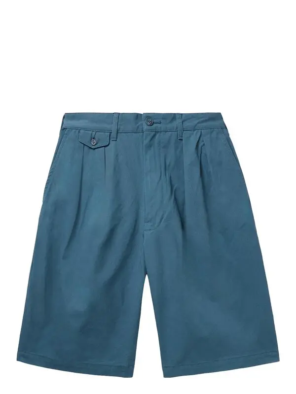 BEAMS Wide-leg Pleated Cotton-twill Shorts - Blue