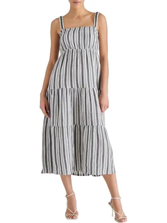 Steve Madden Alissa Stripe Tiered Cotton Gauze Midi Sundress - Black/ White Stripe