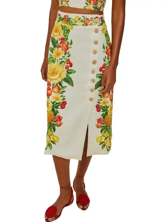 Farm Rio Picnic Flowers Linen Midi Skirt - Off-white