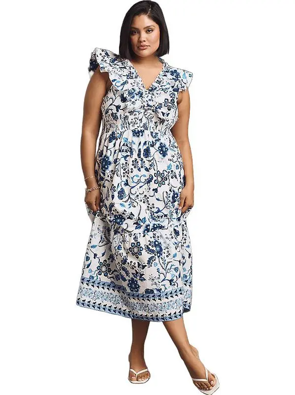 Adrianna Papell Plus Printed Ruffle Midi Dress - Blue Pattern