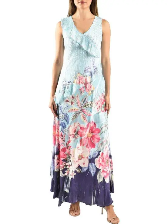 Komarov Ruffle Chiffon & Charmeuse Maxi Cocktail Dress - Bahamian Border