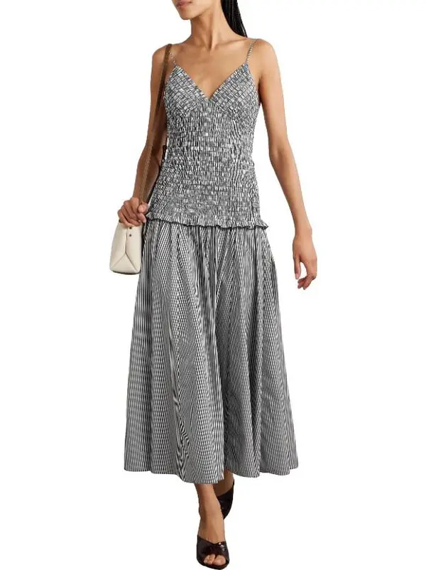 Brandon Maxwell The Josie Shirred Striped Cotton Midi Dress - Gray