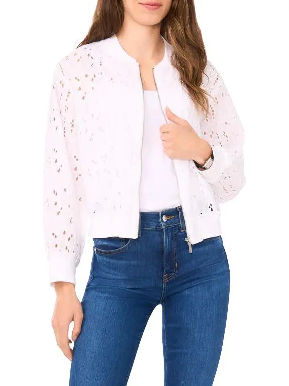 Halogen Embroidered Eyelet Cotton Bomber Jacket - Bright White