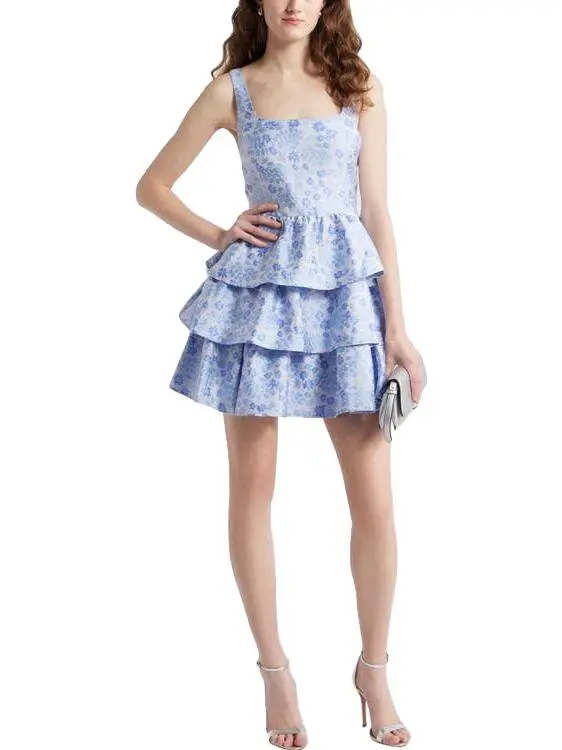 Chelsea28 Floral Brocade Tiered Mini Dress - Light Blue Floral Brocade