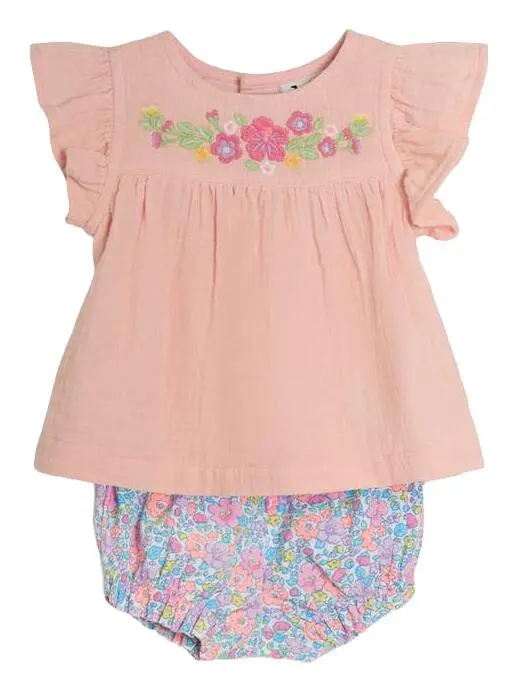 JOJO MAMAN BEBE Floral Embroidered Cotton Gauze Top And Bloomers Set - Coral