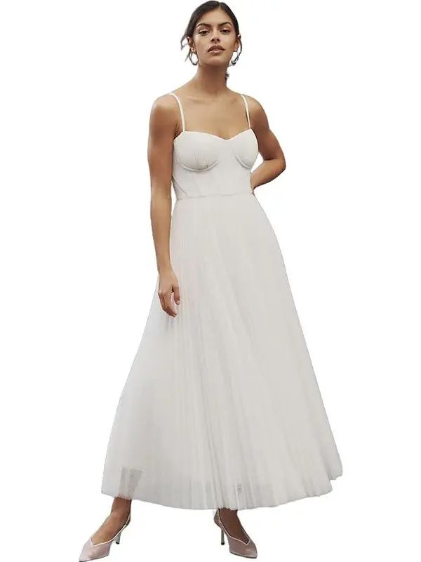 HUTCH Amara Corset Pleated Tulle Fit & Flare Midi Dress - White Dot