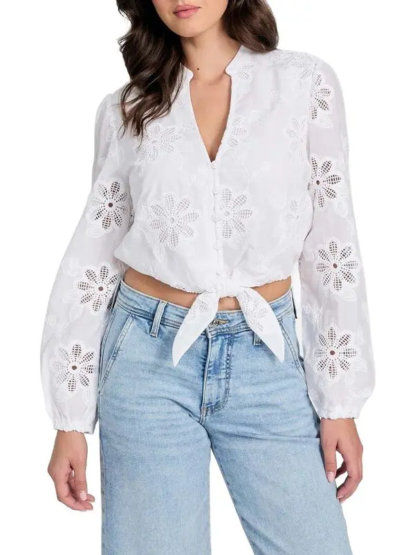 Guess Floral Embroidered Long Sleeve Tie Front Top - Pure White