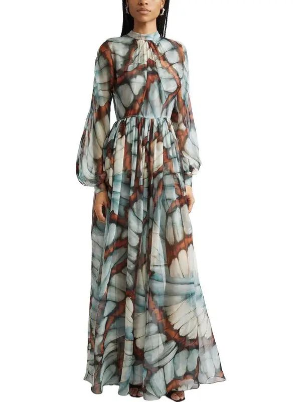Oscar De La Renta Butterfly Print Long Sleeve Silk Chiffon Gown - Blue Multi