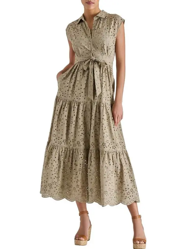 Steve Madden Clover Embroidered Eyelet Sleeveless Tiered Shirtdress - Silvery Grey