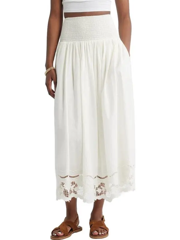 Treasure & Bond Embroidered Eyelet Cotton Smocked Waist Skirt - Ivory Egret