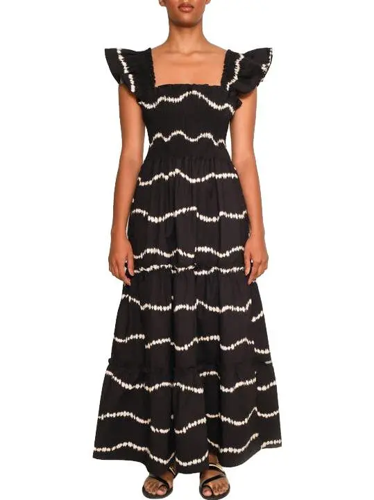 THE LULO PROJECT Printed Smocked Cotton Maxi Dress - Black Waves