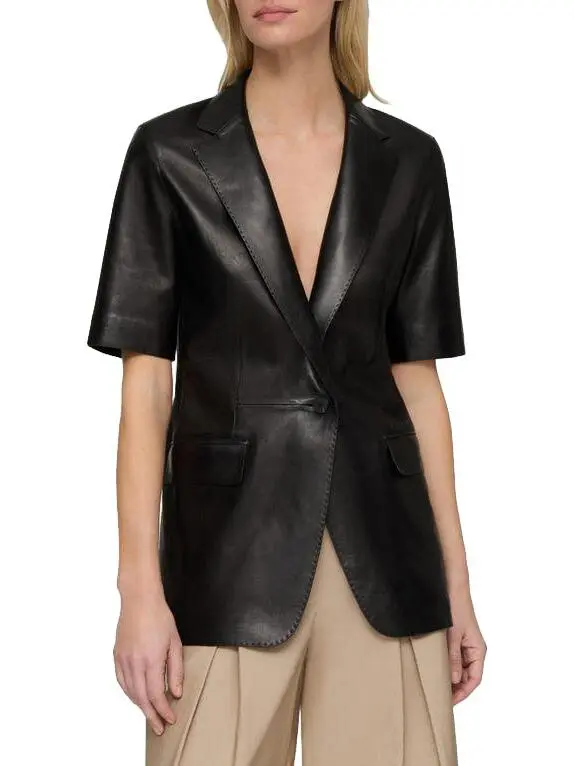 Lafayette 148 New York Napa Leather Short Sleeve Blazer - Black