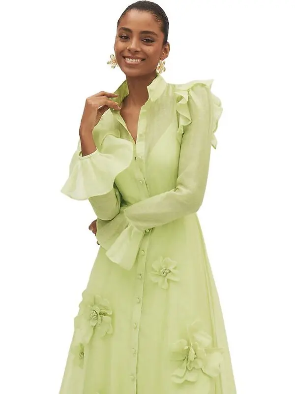 LEO LIN Katra Petal Butterfly-sleeve Linen Blend Midi Dress - Chartreuse