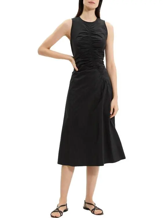 Theory Asymmetric Ruched Sleeveless Midi Dress - Black