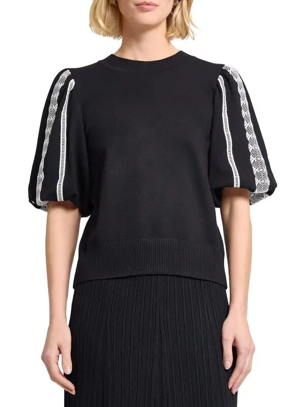 Misook Lace Appliqué Elbow-length Sleeve Sweater - Black/ White