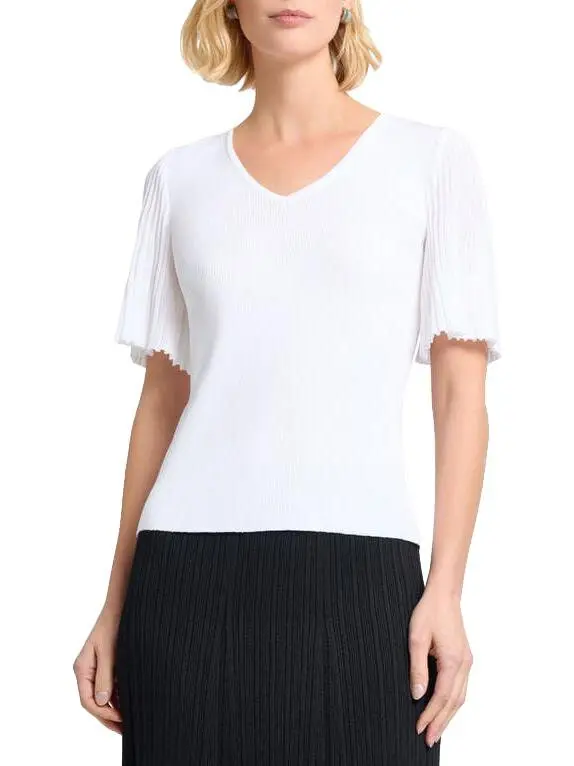 Misook Flutter Sleeve Ribbed Top - White