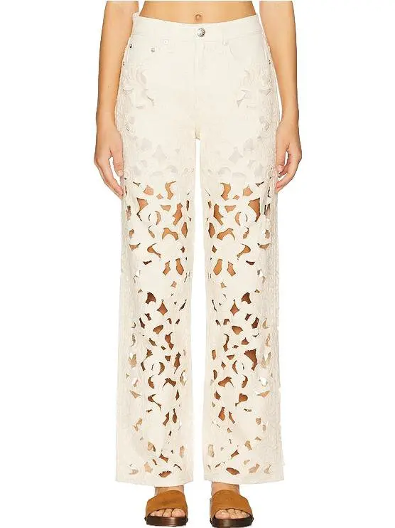 Rag & Bone Logan Floral Cutout Wide Leg Jeans - Ecru