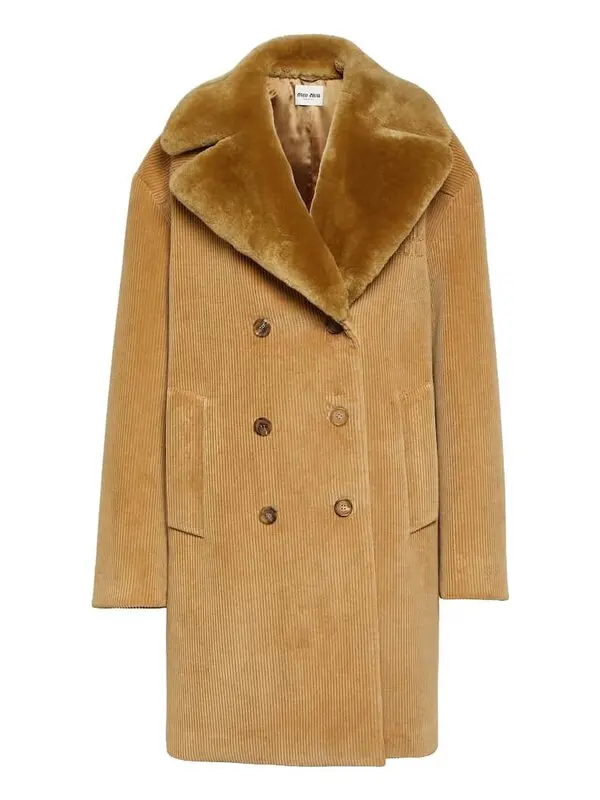 Miu Miu Shearling-trimmed Corduroy Coat - Brown