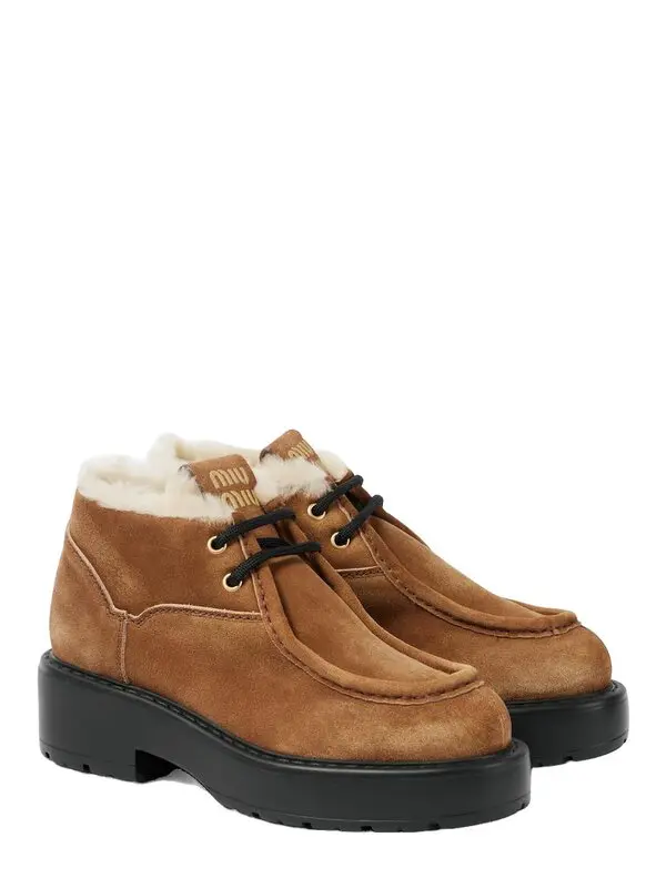 Miu Miu Chunky Shearling-trimmed Leather Flats - Brown