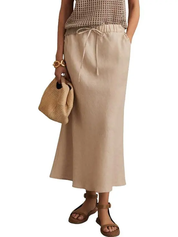 REISS Roxi Drawstring Waist Linen Midi Skirt - Neutral