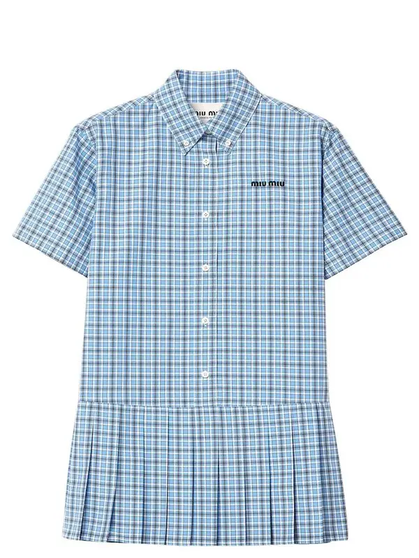 Miu Miu Short-sleeve Pleated Mini Shirtdress - Celeste/blu