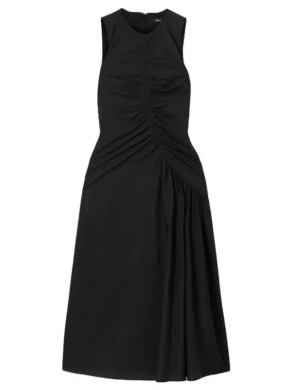 Theory Ruched Cotton-blend Sateen Midi Dress - Black