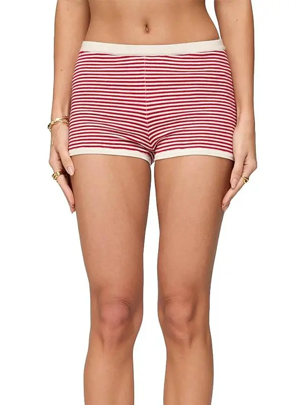 EDIKTED Striped Knit Shorts - Cream-and-red