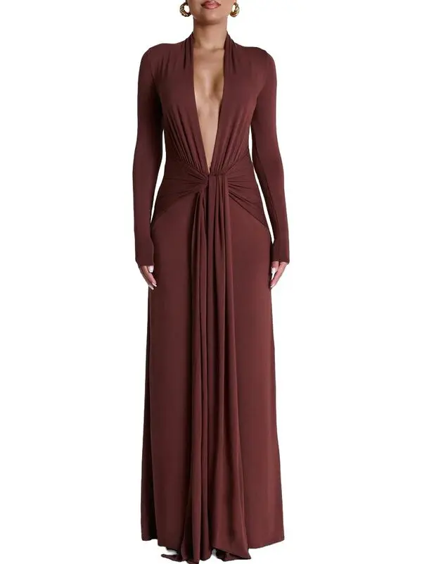 Naked Wardrobe Plunge Neck Long Sleeve Maxi Dress - Pecan Brown