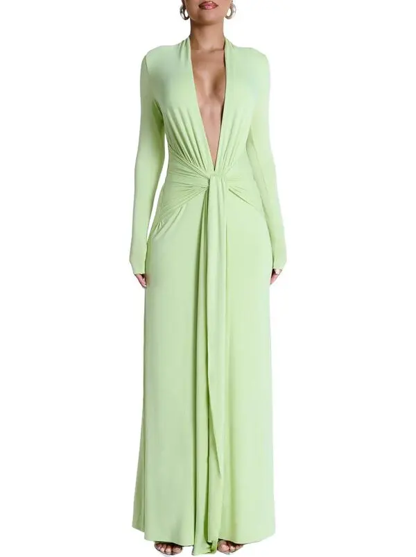Naked Wardrobe Plunge Neck Long Sleeve Maxi Dress - Pistachio