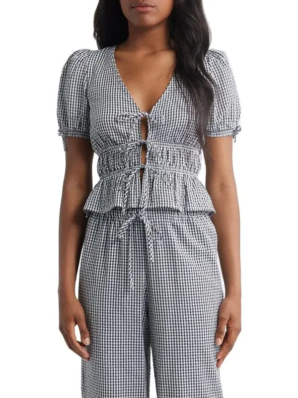 WAYF X Styled Coco! Nina Gingham Seersucker Top - Black Seersucker