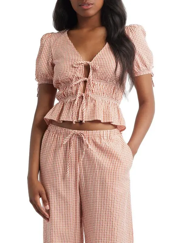 WAYF X Styled Coco! Nina Gingham Seersucker Top - Clay Seersucker