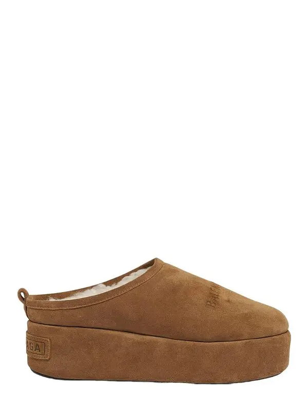 Balenciaga Alaska Suede Faux Shearling Mules - Camel
