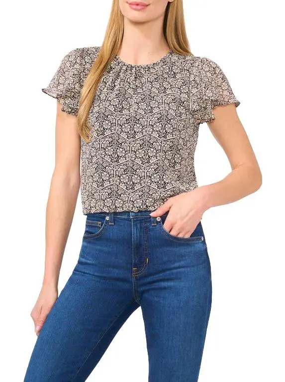 CECE DUPRAZ Floral Flutter Sleeve Top - Rich Black