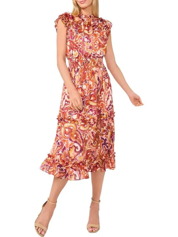 CECE DUPRAZ Flutter Sleeve Smocked Waist Midi Dress - Wine