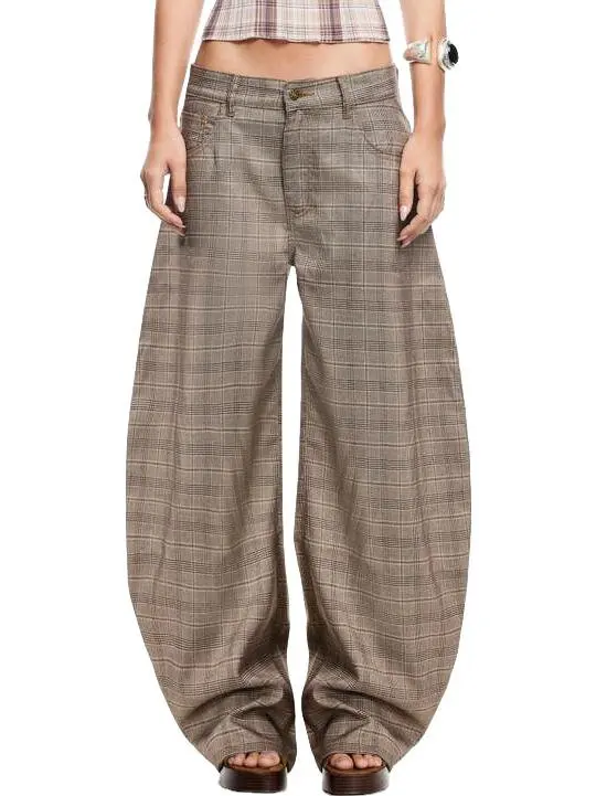 Lioness Horseshoe Plaid Barrel Leg Pants - Check