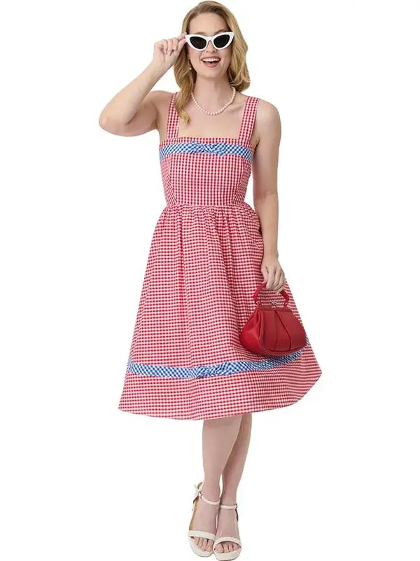 Unique Vintage 1960s Movie Date Swing Dress - Red Gingham