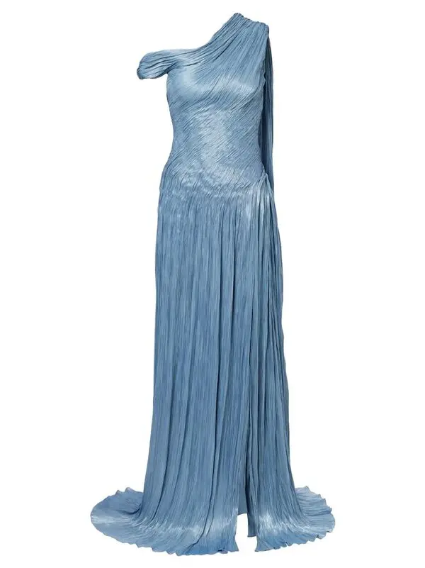 MARMAR HALIM Draped Pleated Silk Chiffon Gown - Blue