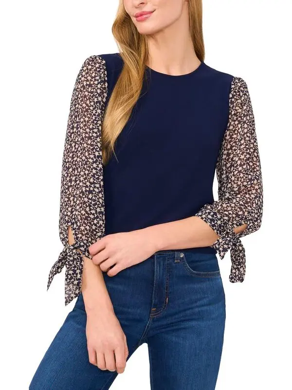 CECE DUPRAZ Tie Cuff Mixed Media Crepe Knit Top - Classic Navy