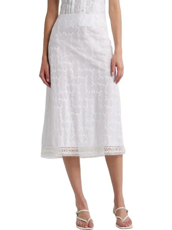 BELLA VENICE Lace Trim Eyelet Midi Skirt - Ivory With Eyelet Pattern
